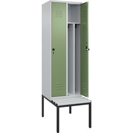 C+P Schwarz-Weiß-Spind Classic PLUS Sitzbank, schmal, 2 Abteile, Trennwand verkürzt, lichtgrau / resedagrün, B 600 mm, Sicherheits-Drehriegel, untergebaut, Kunststoff