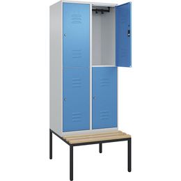 C+P Doppelstock-Spind Classic PLUS Sitzbank, 2 Abteile, lichtgrau / lichtblau, B 800 mm, Zylinderschloss, untergebaut, Buche-Hartholz