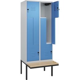 C+P Z-Spind Classic PLUS Sitzbank, 2 Abteile, lichtgrau / lichtblau, B 800 mm, Sicherheits-Drehriegel, auskragend, Buche-Hartholz