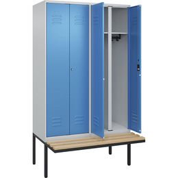 C+P Schwarz-Weiß-Spind Classic PLUS Sitzbank, 2 Abteile, lichtgrau / lichtblau, B 1200 mm, Zylinderschloss, auskragend, Buche-Hartholz