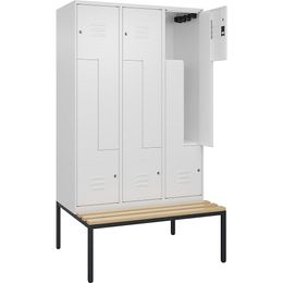 C+P Z-Spind Classic PLUS Sitzbank, 3 Abteile, verkehrsweiß, B 1200 mm, Zylinderschloss, untergebaut, Buche-Hartholz