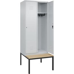 C+P Spind Classic PLUS Sitzbank, 2 Abteile, lichtgrau, B 800 mm, Zylinderschloss, untergebaut, Buche-Hartholz