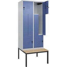 C+P Z-Spind Classic PLUS Sitzbank, 2 Abteile, lichtgrau / fernblau, B 800 mm, Sicherheits-Drehriegel, untergebaut, Buche-Hartholz
