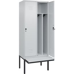 C+P Schwarz-Weiß-Spind Classic PLUS Sitzbank, schmal, 2 Abteile, Trennwand verkürzt, lichtgrau, B 800 mm, Sicherheits-Drehriegel, auskragend, Kunststoff