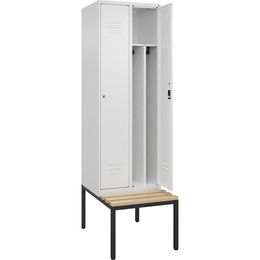 C+P Schwarz-Weiß-Spind Classic PLUS Sitzbank, schmal, 2 Abteile, Trennwand verkürzt, verkehrsweiß, B 600 mm, Zylinderschloss, untergebaut, Buche-Hartholz