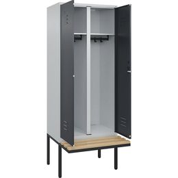 C+P Schwarz-Weiß-Spind Classic PLUS Sitzbank, 1 Abteil, lichtgrau / grau, B 800 mm, Zylinderschloss, auskragend, Buche-Hartholz