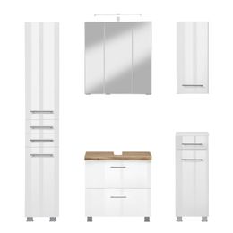 Badmöbel-Set Welltime ""Trento", Badezimmer-Set, Hängeschrank, Unterschrank, Hochschrank" Kastenmöbel-Sets Gr. B/H/T: 120 cm x 200 cm x 35 cm, weiß (hochglanz weiß, baumkante) Waschbeckenunterschrank, Spiegelschrank inkl. Aufbauleuchte