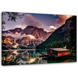 Bild auf Leinwand, Hütte am Bergsee - 100x70