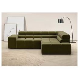 Ecksofa Inosign "Ancona, incl. Kopfteilverstellung + 3 Zierkissen L-Form" Sofas Gr. B/H/T: 249cm x 70cm x 215cm, Samtoptik, Recamiere rechts, Element links mit Sitztiefenverstellung, grün (oliv) wahlweise motorische Sitztiefenverstellung, BT(H: 24921570 cm