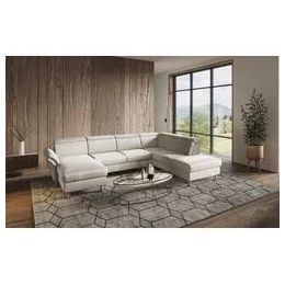 Wohnlandschaft Home Affaire "Calypso U-Form" Sofas Gr. B/H/T: 334cm x 85cm x 227cm, Flachgewebe, Ottomane rechts, ohne Kopfteilverstellung-ohne Armteilverstellung-ohne Bett-ohne Bettkasten-ohne Relax motorisch-ohne Stauraum, beige (nature) wahlweise mit motorischer Relaxfunktion