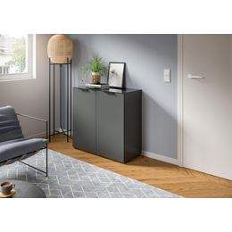 Kommode Inosign "Raio, Breite 90 cm, 2 Türen, Einlegeböden, Oberboden mit Glasplatte" Sideboards Gr. B/H/T: 90cm x 86cm x 40cm, schwarz (anthrazit nachbildung) Anrichte, Sideboard, Highboard, Schrank