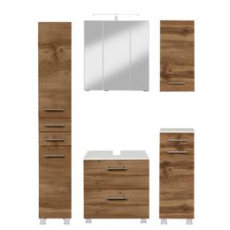 Badmöbel-Set Welltime ""Trento", Badezimmer-Set, Hängeschrank, Unterschrank, Hochschrank" Kastenmöbel-Sets Gr. B/H/T: 120 cm x 200 cm x 35 cm, weiß (wotaneiche, weiß) Waschbeckenunterschrank, Spiegelschrank inkl. Aufbauleuchte