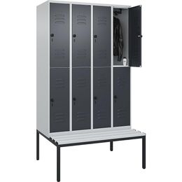 C+P Doppelstock-Spind Classic PLUS Sitzbank, 4 Abteile, lichtgrau / grau, B 1200 mm, Sicherheits-Drehriegel, untergebaut, Kunststoff