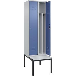 C+P Schwarz-Weiß-Spind Classic PLUS Sitzbank, schmal, 2 Abteile, Trennwand verkürzt, lichtgrau / fernblau, B 600 mm, Zylinderschloss, untergebaut, Kunststoff