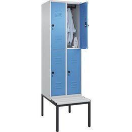 C+P Doppelstock-Spind Classic PLUS Sitzbank, 2 Abteile, lichtgrau / lichtblau, B 600 mm, Sicherheits-Drehriegel, untergebaut, Kunststoff