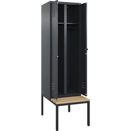 C+P Schwarz-Weiß-Spind Classic PLUS Sitzbank, 1 Abteil, grau, B 600 mm, Sicherheits-Drehriegel, untergebaut, Buche-Hartholz
