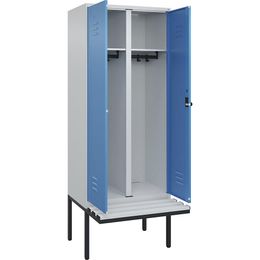 C+P Schwarz-Weiß-Spind Classic PLUS Sitzbank, 1 Abteil, lichtgrau / lichtblau, B 800 mm, Sicherheits-Drehriegel, auskragend, Kunststoff