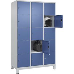 C+P 5er-Schließfachschrank Classic PLUS, 3 Abteile, lichtgrau / fernblau, B 1200 mm, 15 Fächer, mit Füßen
