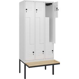C+P Z-Spind Classic PLUS Sitzbank, 3 Abteile, verkehrsweiß, B 900 mm, Sicherheits-Drehriegel, auskragend, Buche-Hartholz