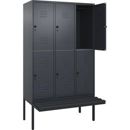 C+P Doppelstock-Spind Classic PLUS Sitzbank, 3 Abteile, grau, B 1200 mm, Sicherheits-Drehriegel, auskragend, Kunststoff