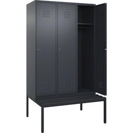 C+P Spind Classic PLUS Sitzbank, 3 Abteile, grau, B 1200 mm, Zylinderschloss, untergebaut, Kunststoff