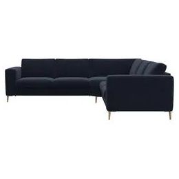 Ecksofa FLEXLUX "Fiore, gleichschenklig, super Sitzkomfort durch Kaltschaum im Sitz" Sofas Gr. B/H/T: 257cm x 85cm x 92cm, Velvet, Schenkel links, blau (royal blau) breite Armlehnen, Füße Alu+ Eiche, L-Form