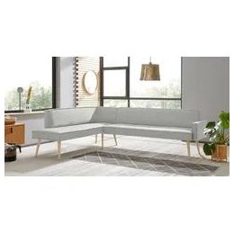 Eckbank exxpo - SOFA FASHION "Lungo, moderne Kedernaht, bequem und elegant, hoher Holzfuß" Sitzbänke Gr. B/H/T: 198cm x 84cm x 260cm, Veloursstoff, langer Schenkel rechts, beige (beige melange) hochwertige Detailverarbeitung, frei im Raum stellbar