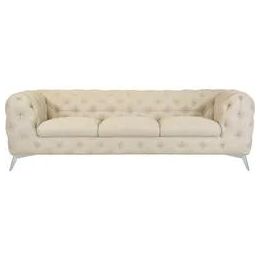 Chesterfield-Sofa LEONIQUE "Glynis" Sofas Gr. B/H/T: 243cm x 75cm x 99cm, Struktur, Fußfarbe chromfarben, beige (creme) aufwändige Knopfheftung, moderne Chesterfield Optik, Fußfarbe wählbar