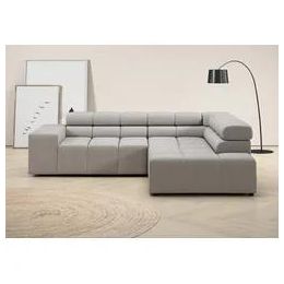 Ecksofa Inosign "Ancona, incl. Kopfteilverstellung + 3 Zierkissen L-Form", grau (hellgrau), B:249cm H:70cm T:215cm, 100% Polyester, Sofas, wahlweise motorische Sitztiefenverstellung, B/T(H: 249/215/70 cm