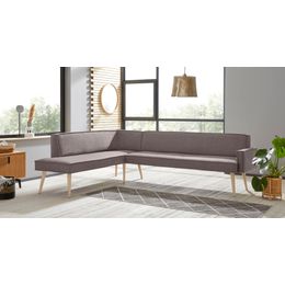 Eckbank exxpo - SOFA FASHION "Lungo, moderne Kedernaht, bequem und elegant, hoher Holzfuß" Sitzbänke Gr. B/H/T: 198 cm x 84 cm x 260 cm, Veloursstoff, langer Schenkel rechts, grau (taupe) hochwertige Detailverarbeitung, frei im Raum stellbar