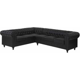 Beliani Ecksofa Schwarz Kunstleder L-Förmig Rechtsseitig Chesterfield Stil Glamourös Wohnzimmer