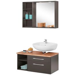 Badmöbel-Set Welltime "Davos", grau (graphit, grau), Siphonausschnitt rechts, Holzwerkstoff, Kastenmöbel-Sets, Spiegel inklusive Beleuchtung, Regal und Waschplatz