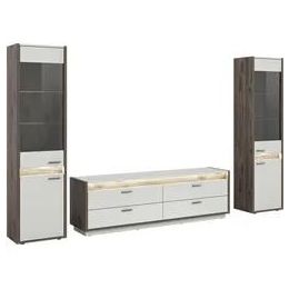 Wohnwand Inosign "Treviso, Breite 319 cm, bestehend aus: 2x Vitrine und 1x Lowboard" Kastenmöbel-Sets Gr. B/H/T: 319cm x 198cm x 43cm, grau (nox oak dunkel/ hellgrau nachbildung) Kombination, Wohnkombination, Mediawand, TV-Wand