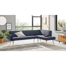 Eckbank exxpo - SOFA FASHION "Lungo, moderne Kedernaht, bequem und elegant, hoher Holzfuß" Sitzbänke Gr. B/H/T: 158 cm x 84 cm x 239 cm, Webstoff, langer Schenkel links, blau (denim) hochwertige Detailverarbeitung, frei im Raum stellbar