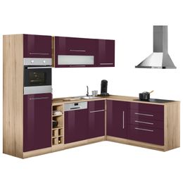 Winkelküche KOCHSTATION "KS-Eton" Komplettküchen-Sets Gr. B/T: 260 cm x 190 cm, lila (küche: aubergine hochglanz, eichefarben) mit E-Geräten, Stellbreite 260 x 190 cm