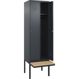 C+P Spind Classic PLUS Sitzbank, 2 Abteile, grau, B 600 mm, Zylinderschloss, auskragend, Buche-Hartholz