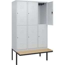 C+P Doppelstock-Spind Classic PLUS Sitzbank, 3 Abteile, lichtgrau, B 1200 mm, Zylinderschloss, auskragend, Buche-Hartholz