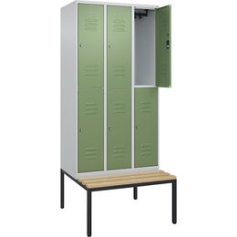 C+P Doppelstock-Spind Classic PLUS Sitzbank, 3 Abteile, lichtgrau / resedagrün, B 900 mm, Zylinderschloss, untergebaut, Buche-Hartholz