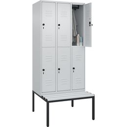 C+P Doppelstock-Spind Classic PLUS Sitzbank, 3 Abteile, lichtgrau, B 900 mm, Sicherheits-Drehriegel, untergebaut, Kunststoff