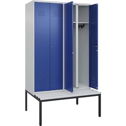 C+P Schwarz-Weiß-Spind Classic PLUS Sitzbank, 2 Abteile, lichtgrau / enzianblau, B 1200 mm, Zylinderschloss, untergebaut, Kunststoff