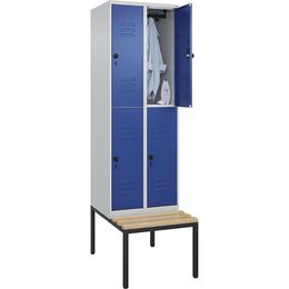 C+P Doppelstock-Spind Classic PLUS Sitzbank, 2 Abteile, lichtgrau / enzianblau, B 600 mm, Sicherheits-Drehriegel, untergebaut, Buche-Hartholz