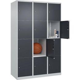 C+P 4er-Schließfachschrank Classic PLUS, 3 Abteile, lichtgrau / grau, B 1200 mm, 12 Fächer, mit Bodengleitern