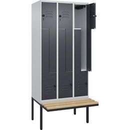 C+P Z-Spind Classic PLUS Sitzbank, 3 Abteile, lichtgrau / grau, B 900 mm, Sicherheits-Drehriegel, auskragend, Buche-Hartholz