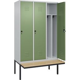 C+P Schwarz-Weiß-Spind Classic PLUS Sitzbank, schmal, 3 Abteile, Trennwand verkürzt, lichtgrau / resedagrün, B 1200 mm, Sicherheits-Drehriegel, auskragend, Buche-Hartholz