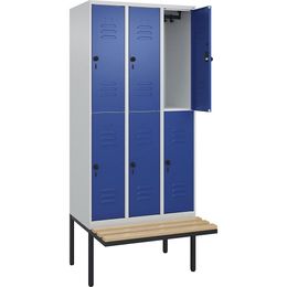 C+P Doppelstock-Spind Classic PLUS Sitzbank, 3 Abteile, lichtgrau / enzianblau, B 900 mm, Sicherheits-Drehriegel, auskragend, Buche-Hartholz