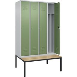 C+P Schwarz-Weiß-Spind Classic PLUS Sitzbank, schmal, 4 Abteile, Trennwand verkürzt, lichtgrau / resedagrün, B 1200 mm, Zylinderschloss, untergebaut, Buche-Hartholz
