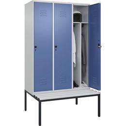 C+P Schwarz-Weiß-Spind Classic PLUS Sitzbank, schmal, 3 Abteile, Trennwand verkürzt, lichtgrau / fernblau, B 1200 mm, Sicherheits-Drehriegel, untergebaut, Kunststoff