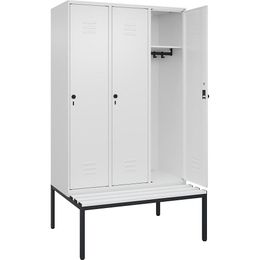 C+P Spind Classic PLUS Sitzbank, 3 Abteile, verkehrsweiß, B 1200 mm, Sicherheits-Drehriegel, untergebaut, Kunststoff