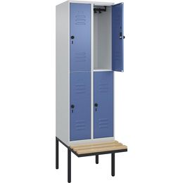 C+P Doppelstock-Spind Classic PLUS Sitzbank, 2 Abteile, lichtgrau / fernblau, B 600 mm, Sicherheits-Drehriegel, auskragend, Buche-Hartholz