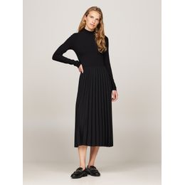 Blusenkleid Tommy Hilfiger "RIB MIX F&F PLEATED DRESS LS" Gr. M (38), N-Gr, schwarz (black) Damen Kleider mit Falten, Rippoptik